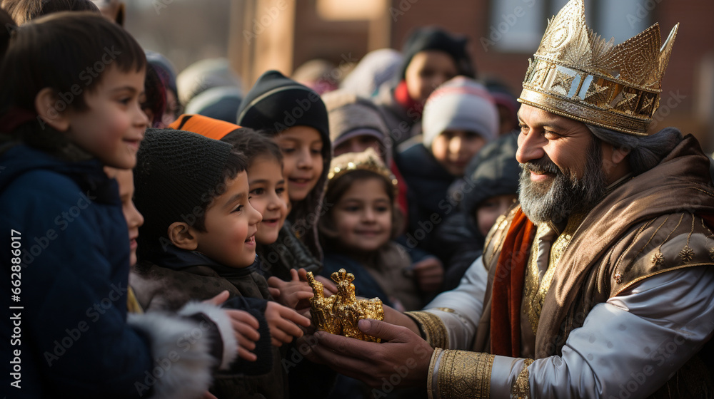 Gift Distribution: The Three Wise Men distributing gifts to children ...