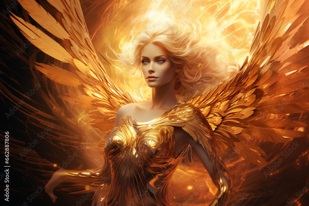 Fantasy concept. Beautiful golden phoenix woman humanoid portrait. Girl ...
