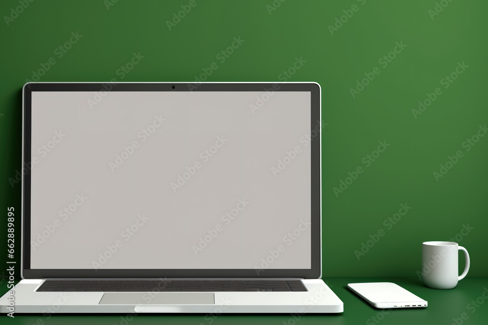 Empty computer screen. Open laptop with white blank screen on office ...