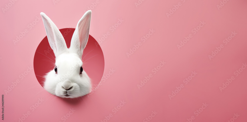 White rabbit peeks out of a round hole on a pink background, panorama ...