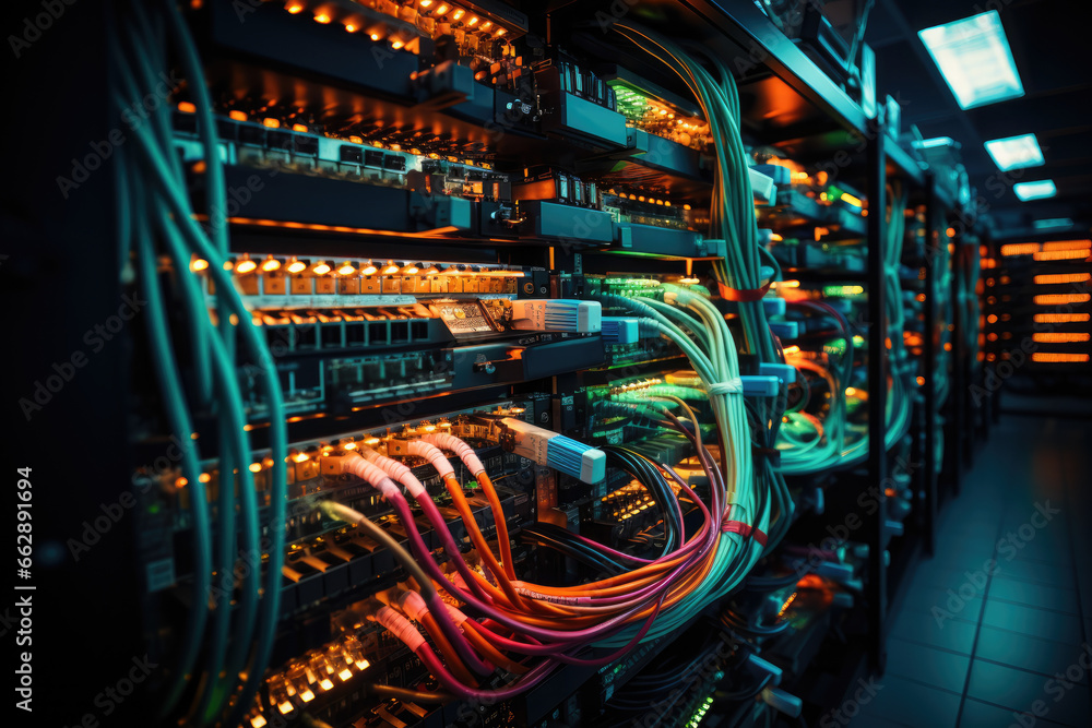 A complex array of wires and cables converging at a data center, where ...