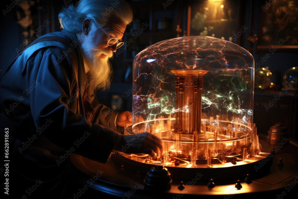 A scientist manipulating a magnetic field to induce electrical currents ...