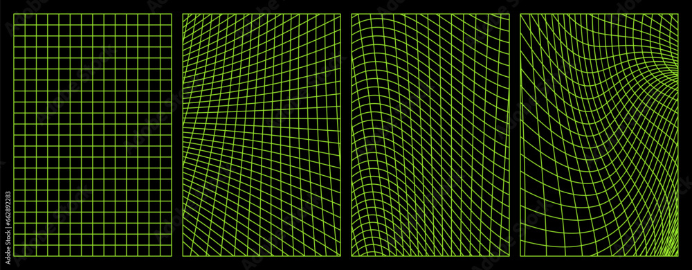 Distorted vertical grid set. Green neon posters in 90s, 2000s retro ...