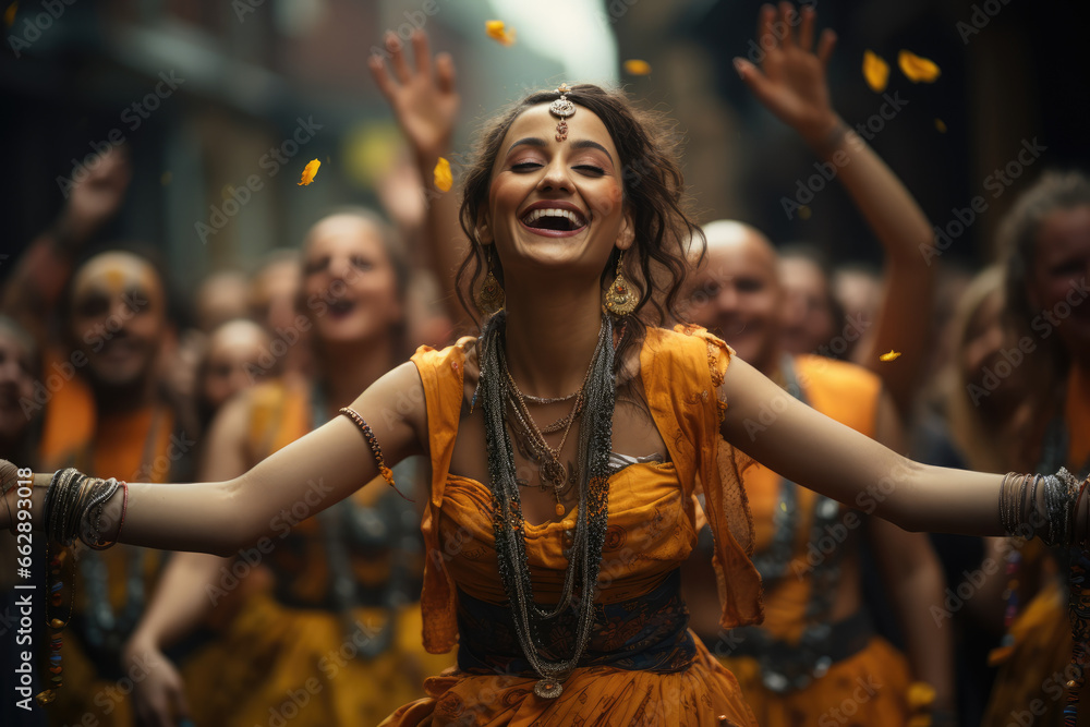 A Hare Krishna devotee chanting and dancing, spreading joy and devotion through the streets ...