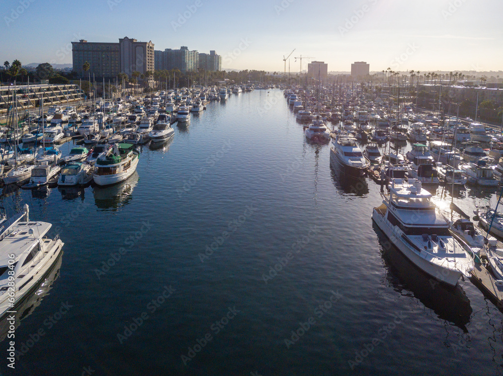 Aerial drone views of the marina in Marina Del Rey, California in the ...