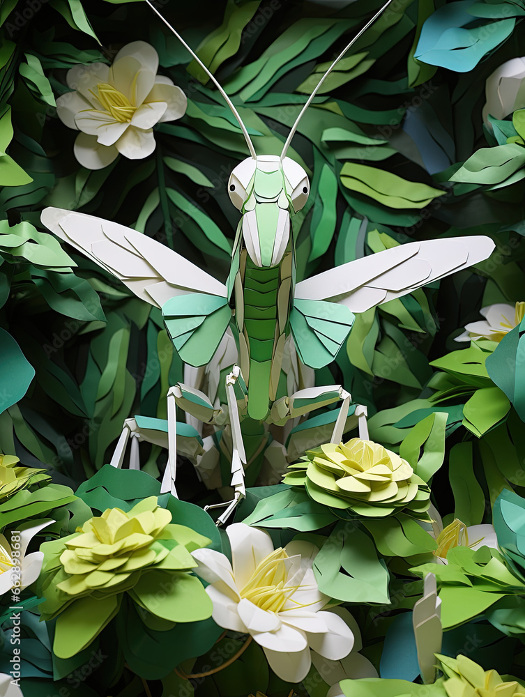 female orchid mantis magazine cover with green leaves, in the style of ...