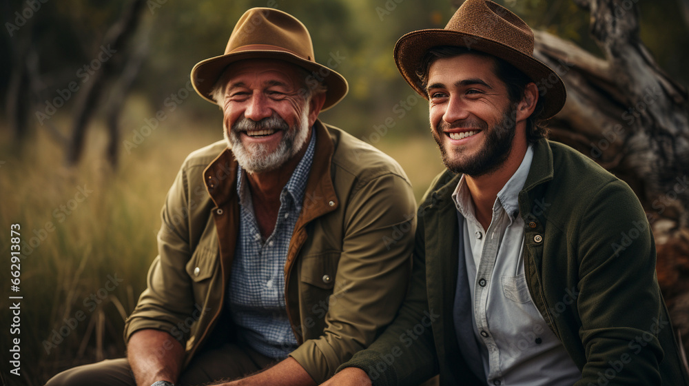 Hat Tipping: Father and son both donning stylish fedora hats, tipping ...