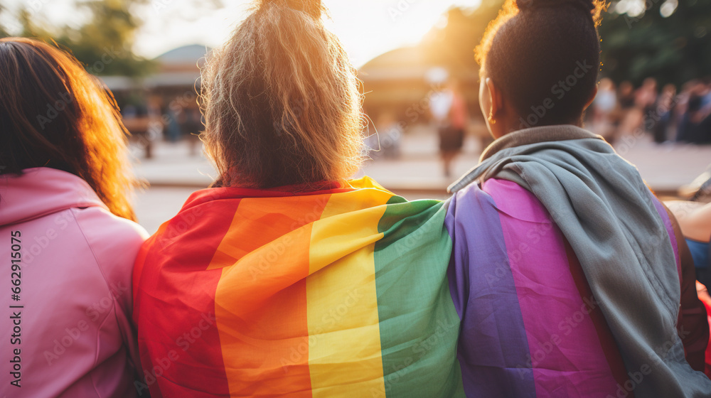 group of young diverse people lgbtq+ activists holding the lgbt pride ...