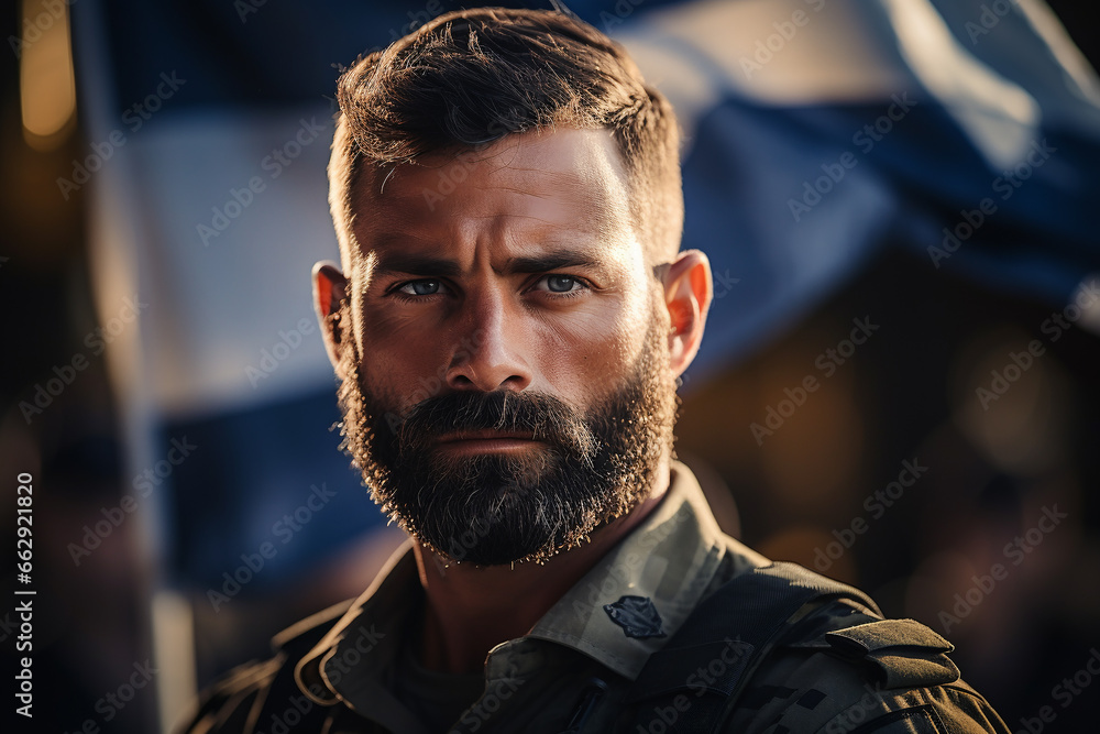 Israeli soldier, portrait. A courageous face, a concentrated gaze ...