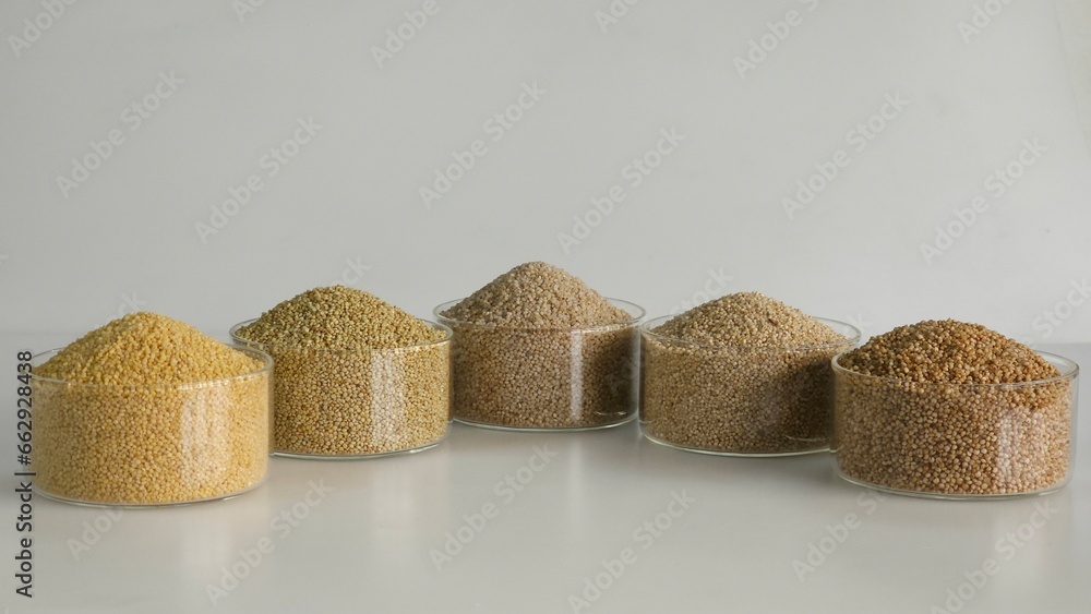 Siridhanya Millets or Five positive millets arranged in bowls Stock ...
