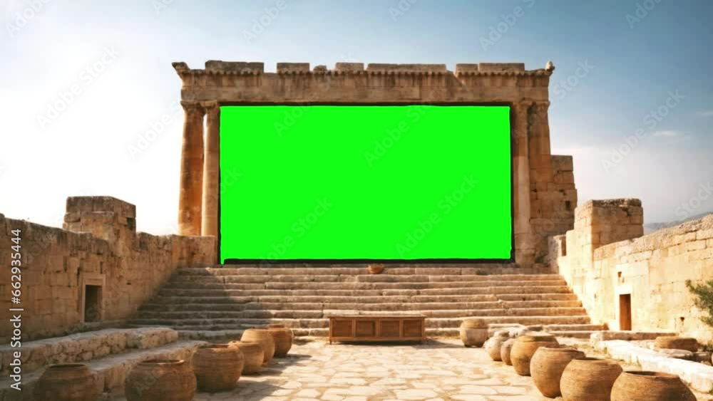 A green screen or chroma key placed on a large outdoor screen or wall ...