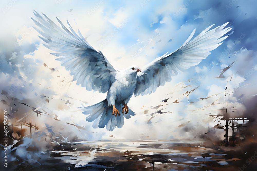 Flying dove spreads its wings, beautiful grace, bird of hope, symbol of ...
