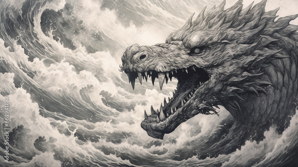 Terrible sea giant serpent during a storm. A sea dragon or monstrous ...