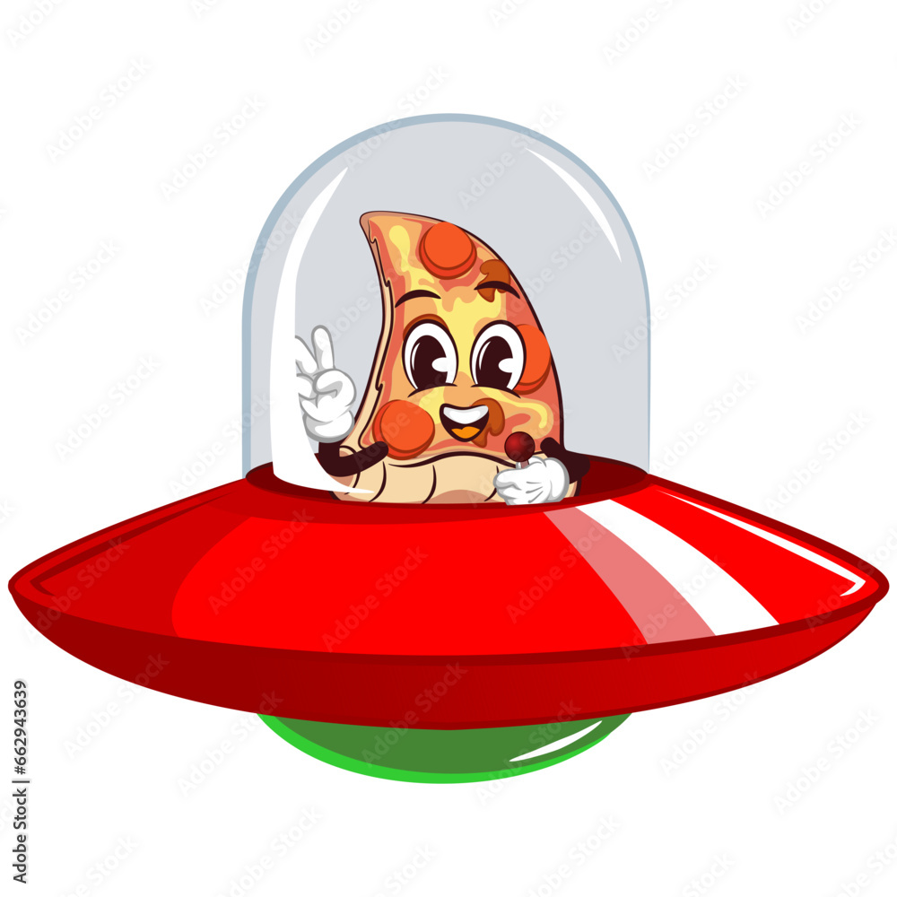 vector mascot character of a slice of pizza riding a ufo alien ...