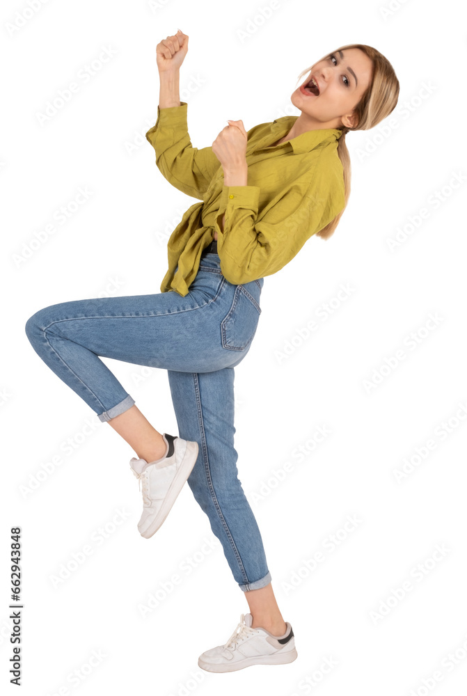Full body excited young blonde woman, stand on one foot doing winner ...