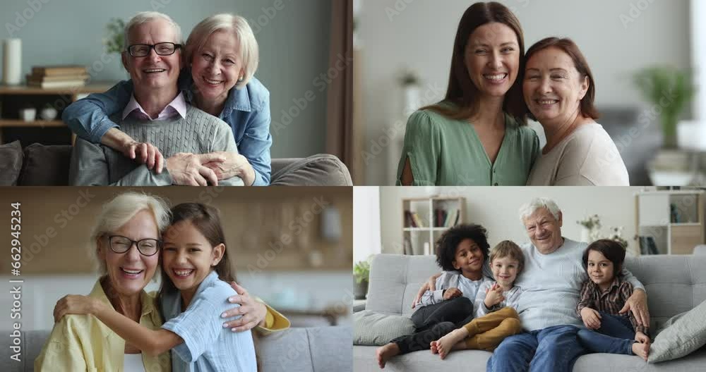 Collage of loving multi-generational families. Diverse young and olders ...