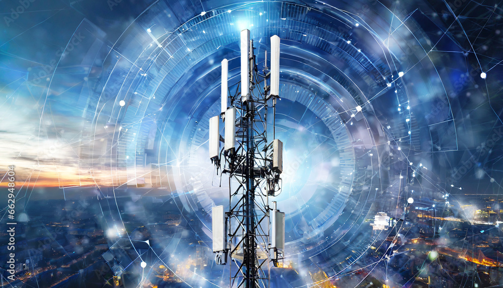 Telecommunication tower with 5G transmitters. Cellular base station ...