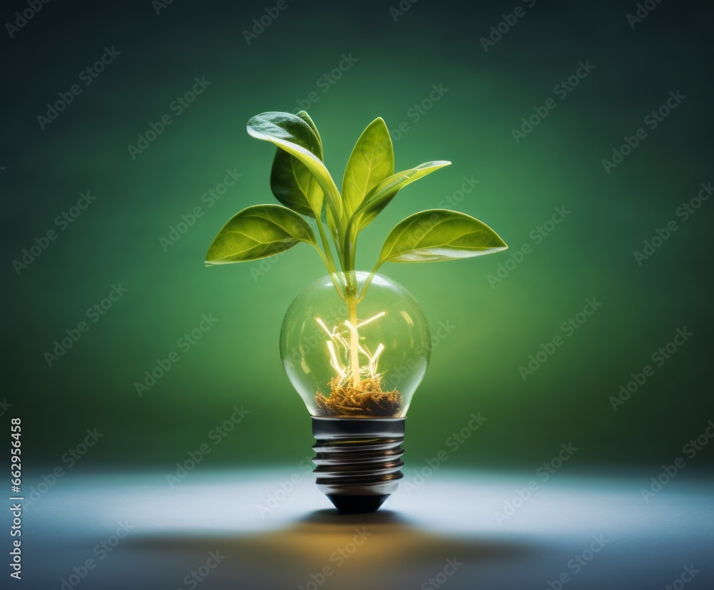 Green Energy Blooms: A Light Bulb Sprouts from a Leaf on a Light Green ...