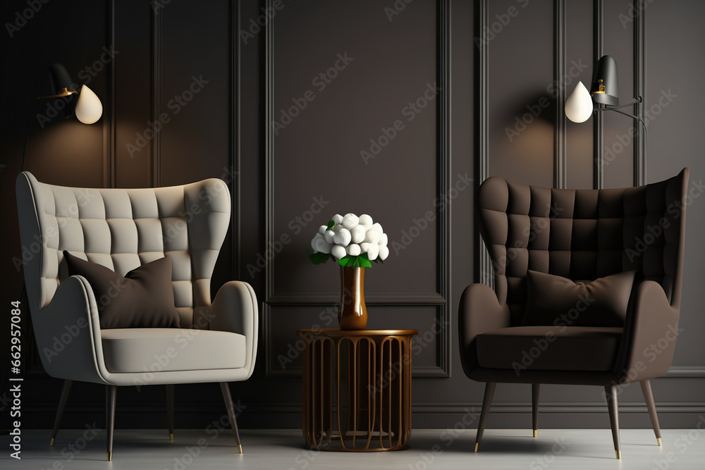 a dim space with accents. A sofa in chocolate brown and armchairs in ...