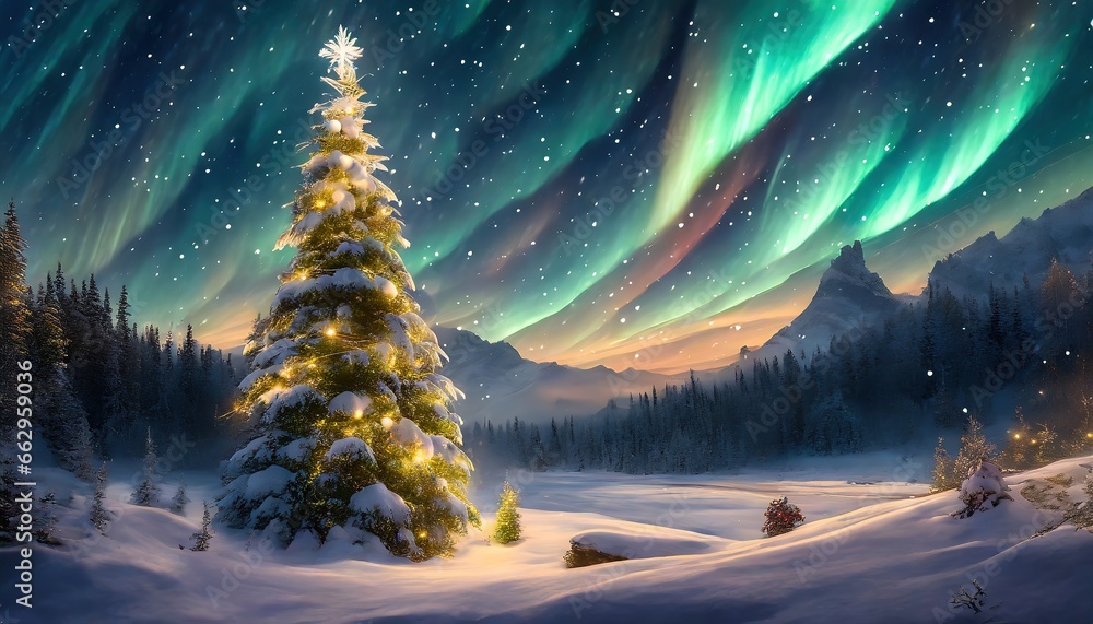 Christmas tree northern light snow New Year background. Winter starry ...
