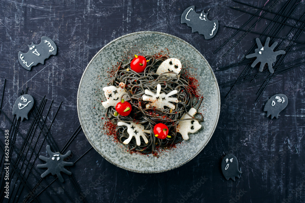 Traditional Halloween octopus spaghetti with Dracula spiders, bats and ...