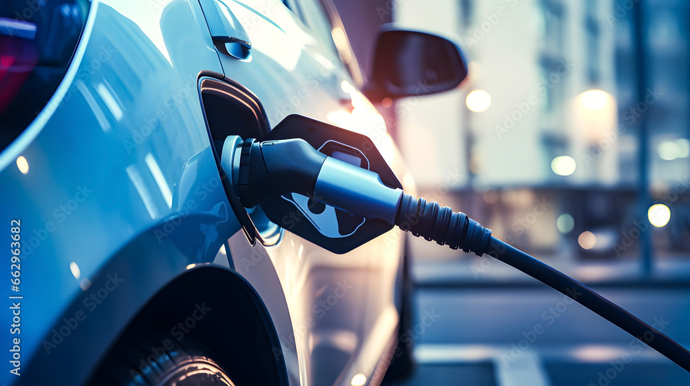 An electric car recharging the battery on a charger in the city. Stock ...