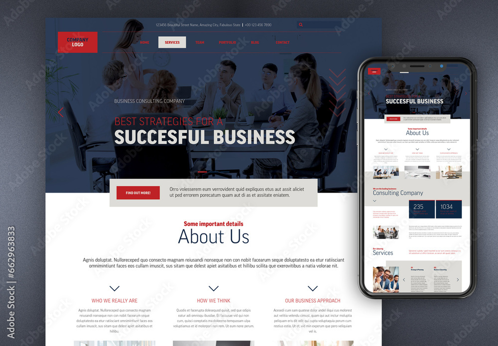 Website Layout for Business Presentation with Blue and Red Accents ...