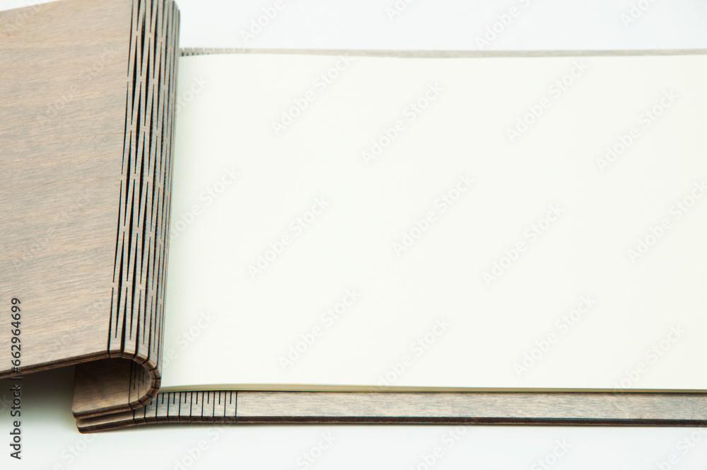 open notebook with blank page on white background. unfolded album cover ...