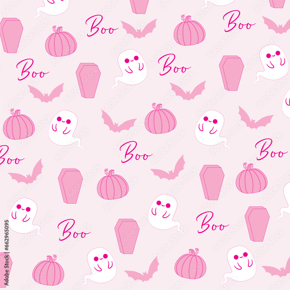 pink spooky boo ghost and bat seamless vectorel pattern, halloween ...