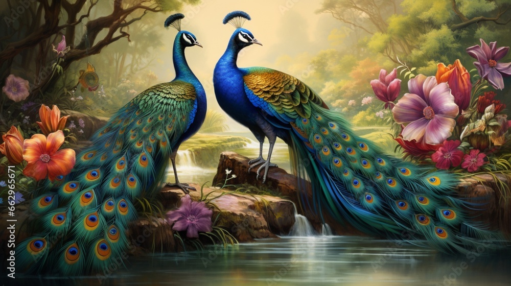 Two Indian peacocks, one with vibrant blue plumage and the other with a ...