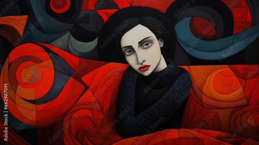 Beautiful young lady with jet black hair and red lips sitting ...