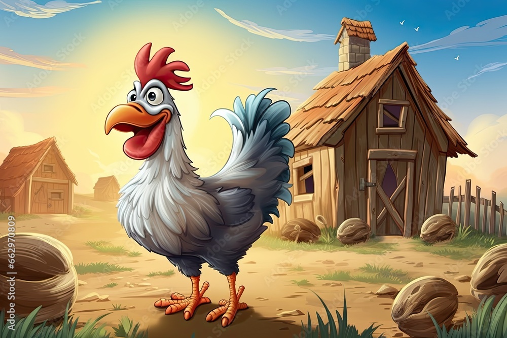 Cartoon Chicken Strutting in Farmyard - Pecking at Grains with Barn and ...
