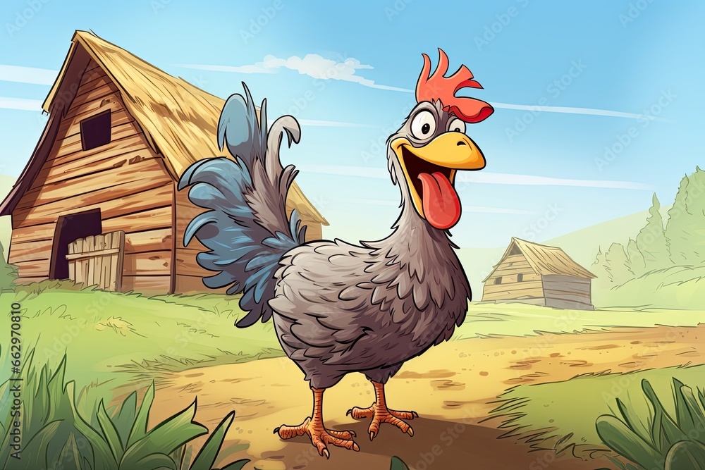 Cartoon Chicken Strutting around Farmyard, Pecking at Grains | Barn and ...
