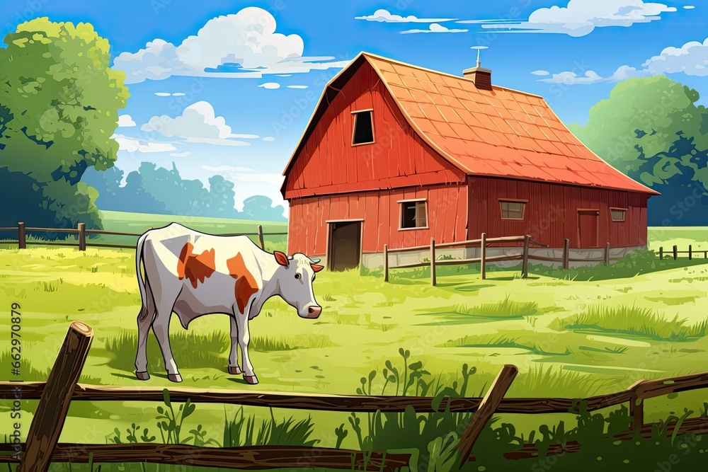 Cartoon Cow Grazing in Lush Pasture: Classic Red Barn and Clear Blue ...