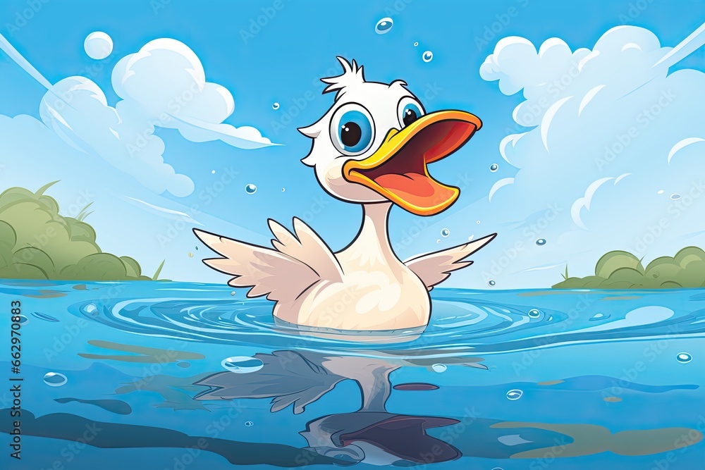 Quacking Cartoon Duck Merrily Paddling in a Serene Pond with a Bright ...