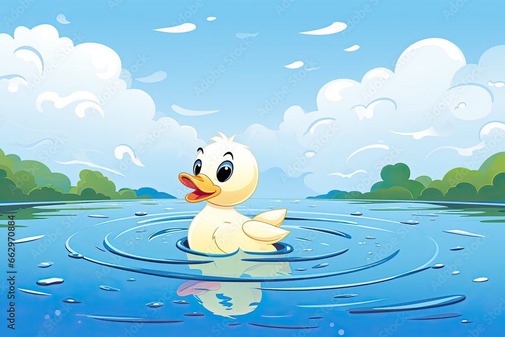 Cartoon Duck: Quacking and Paddling Merrily in a Serene Pond under a ...