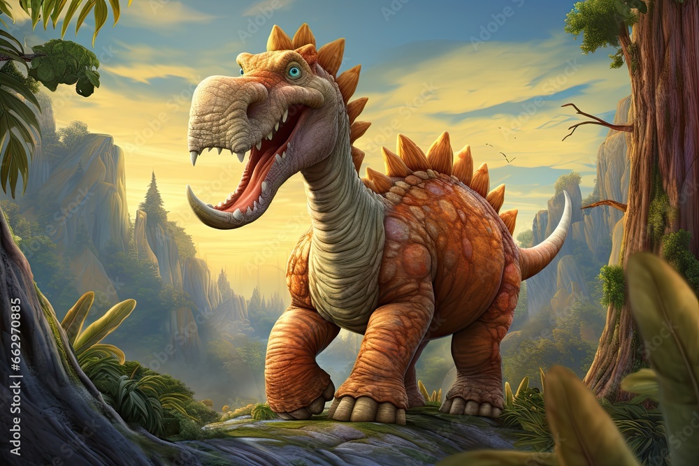 Cartoon Dinosaur Lumbering Through Prehistoric Landscape, Towering ...