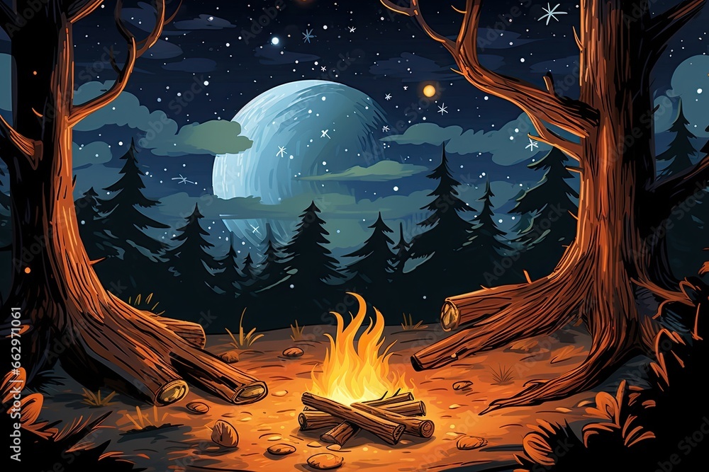Cartoon Fire: Dancing Flames and Crackling Logs in a Cozy Campfire ...