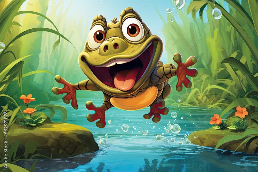 Cartoon Frog Leaping High: Lively and Humorous Frog Catching Fly with ...