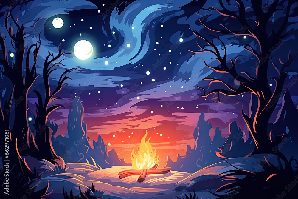 Cartoon Fire: Dancing Flames and Crackling Logs in a Cozy Campfire ...