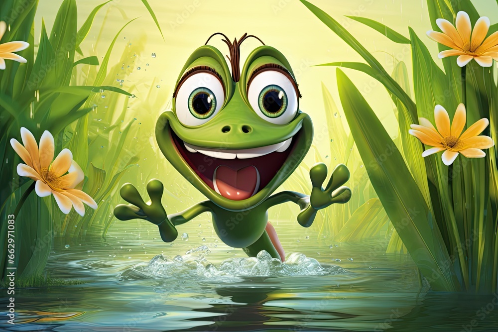 Cartoon Frog - Cheerful Frog Jumping on Lily Pads with Excitement and ...