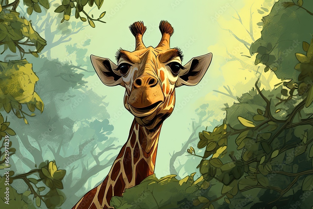 Cartoon Giraffe: Towering Over Animals, Munching Leaves with its Long ...