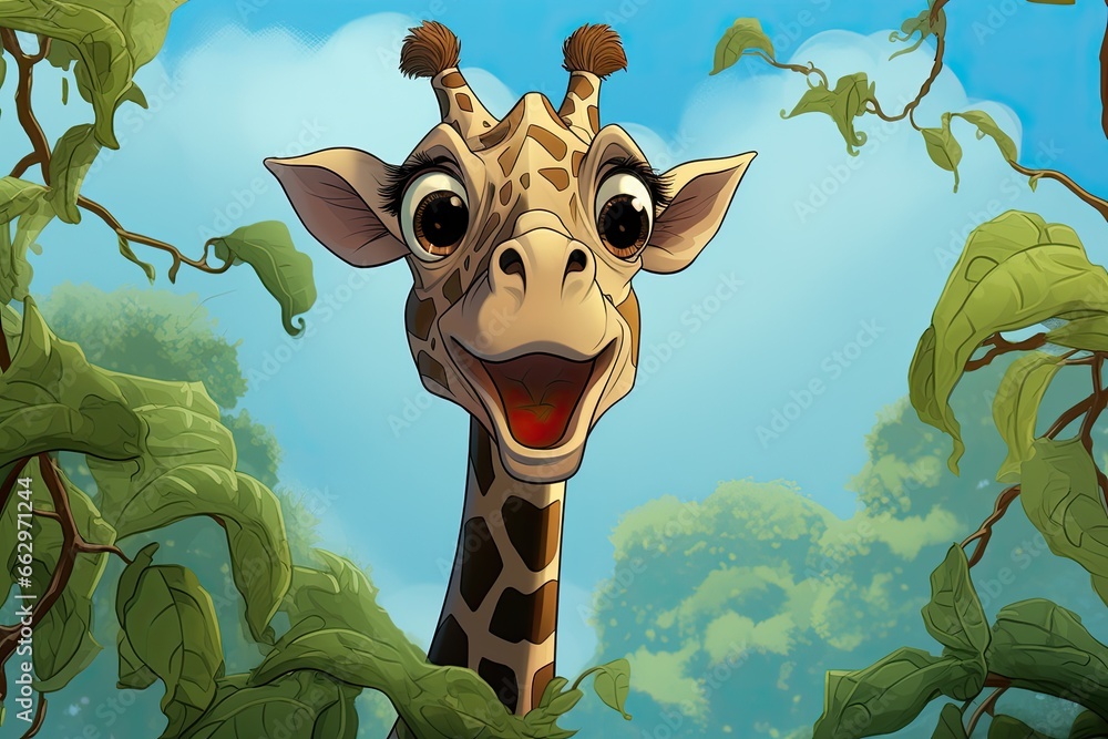 Cartoon Giraffe: Towering Over Animals, Munching Leaves with Its Long ...