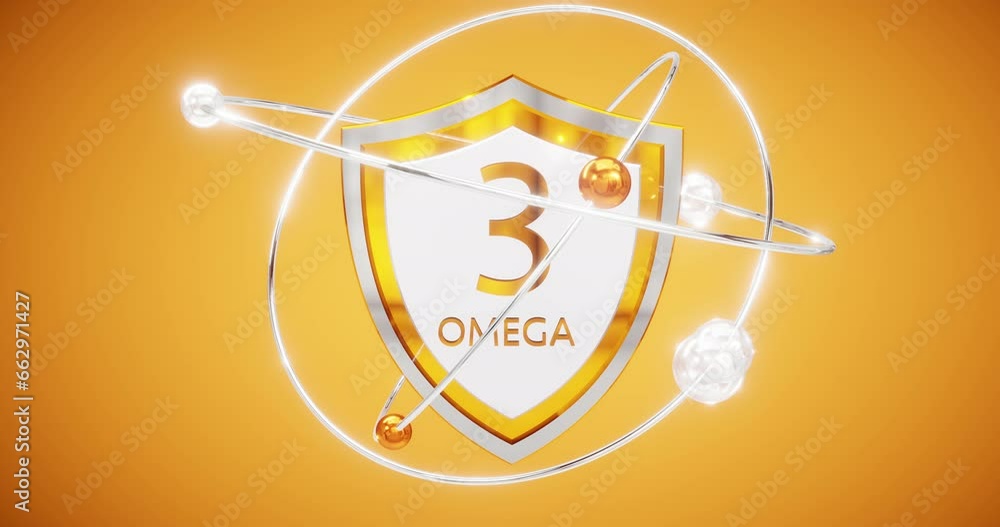 omega 3 symbol on shield with rotating atoms and orbits ...