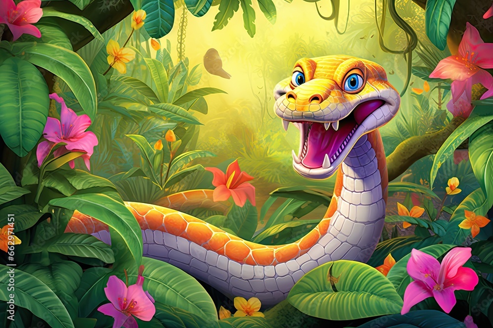 Cartoon Snake Coiling and Slithering Through Lush Tropical Jungle with ...
