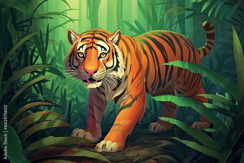 Cartoon Tiger Prowling in Dense Jungle: Vibrant Orange Coat Stands Out ...