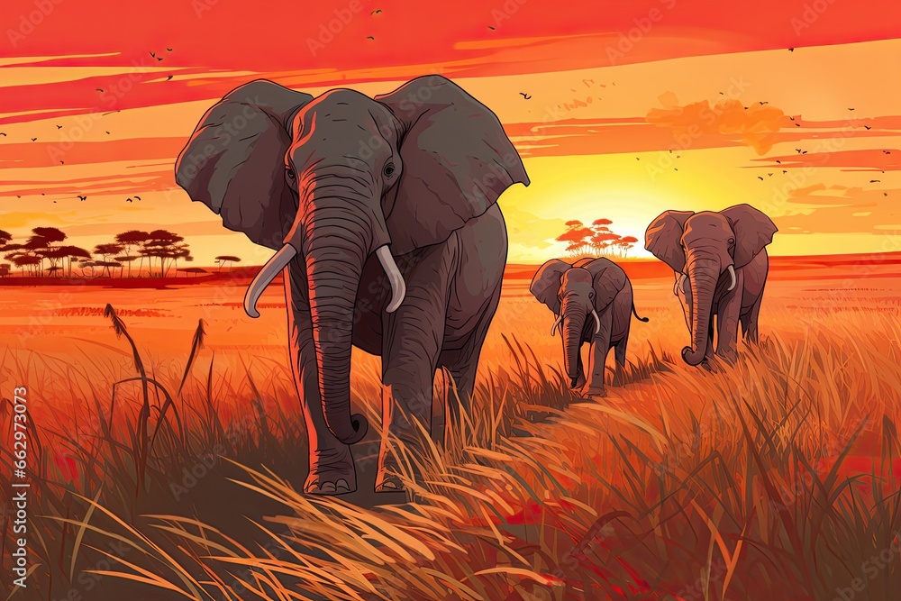 Elephant Cartoon: Family of Elephants Walking at Sunset with Matriarch ...
