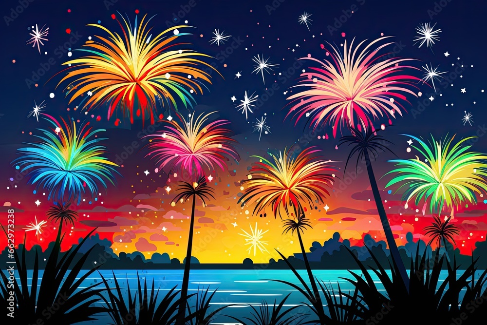 Colorful Cartoon-style Fireworks Clipart: Bright Night Sky Lighting Up ...