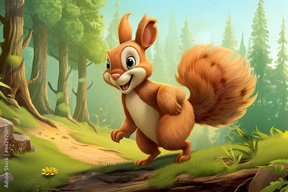 Squirrel Cartoon: Cheeky Fluffy-Tailed Squirrel Bounding Along Forest ...