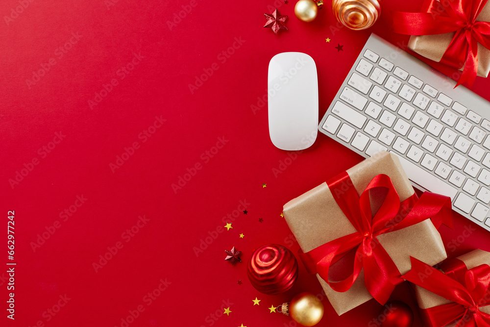 Opting for the convenience of virtual Christmas gift buying. Top view ...